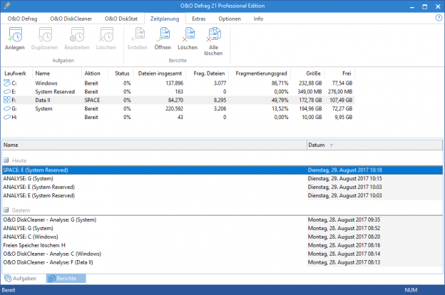 Aufgabenansicht und Berichte O&O Software