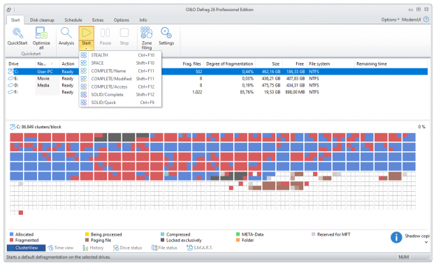Standard defragmentation methods O&O Software