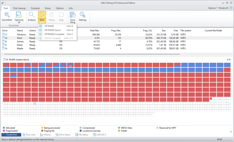Defragmentation method for zone filing O&O Software